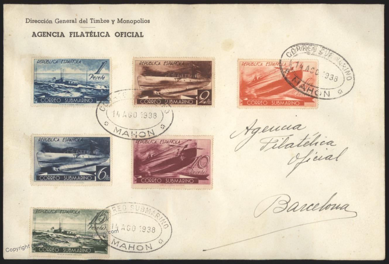 Spain 1938 Spanish Civil War Submarine Set Submarino MAHON Cancel Cover ...