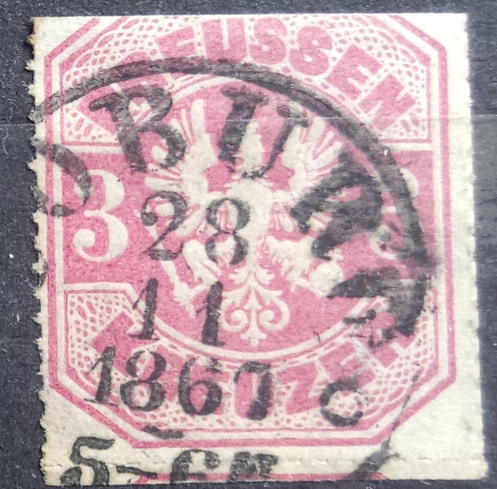 Prussia Scott #25 1867 Used Rouletted manual cut showing adjecent stamp ...