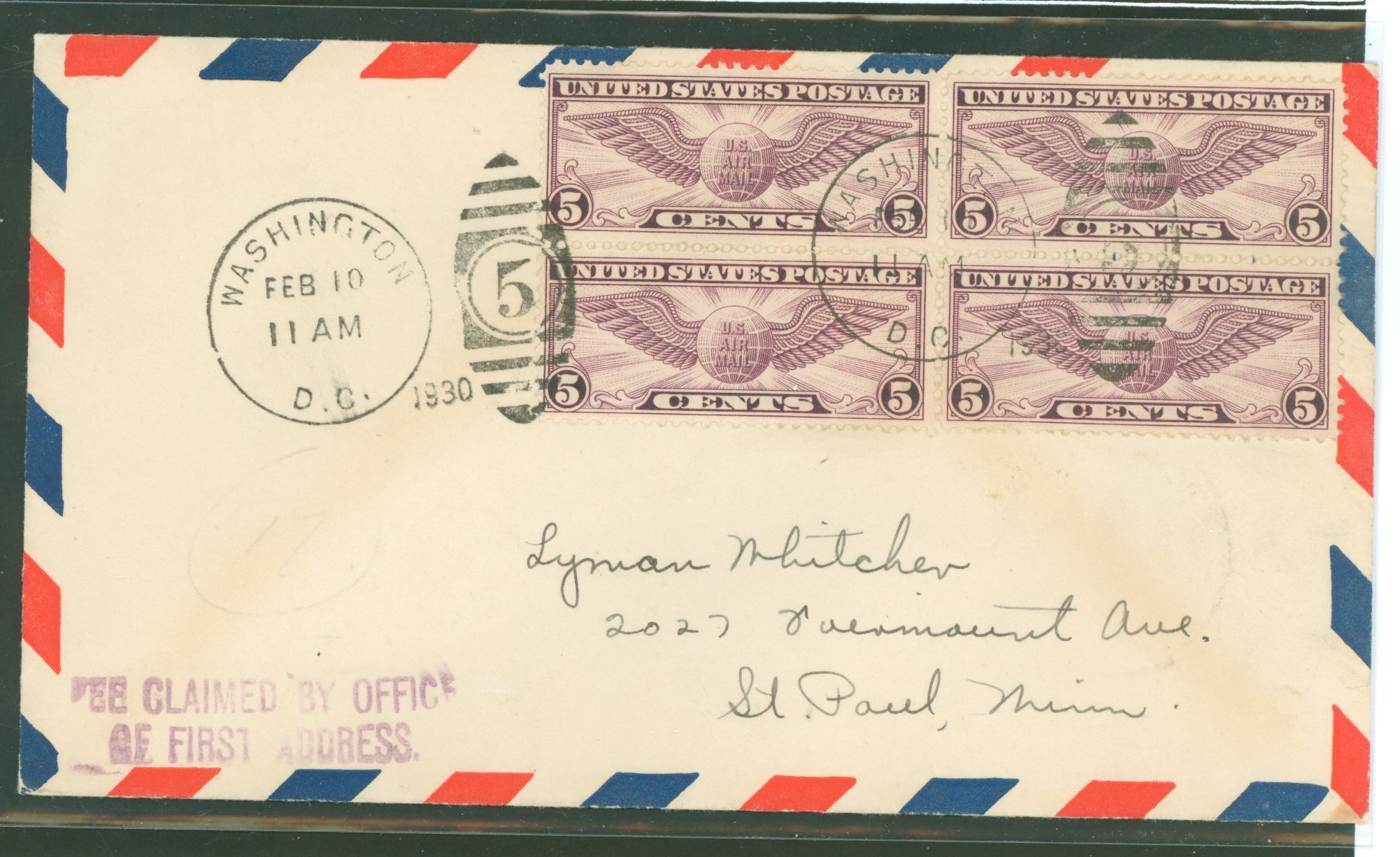 US C12 1930 5c "Wing" airmail stamp (block of four) on an uncacheted ...