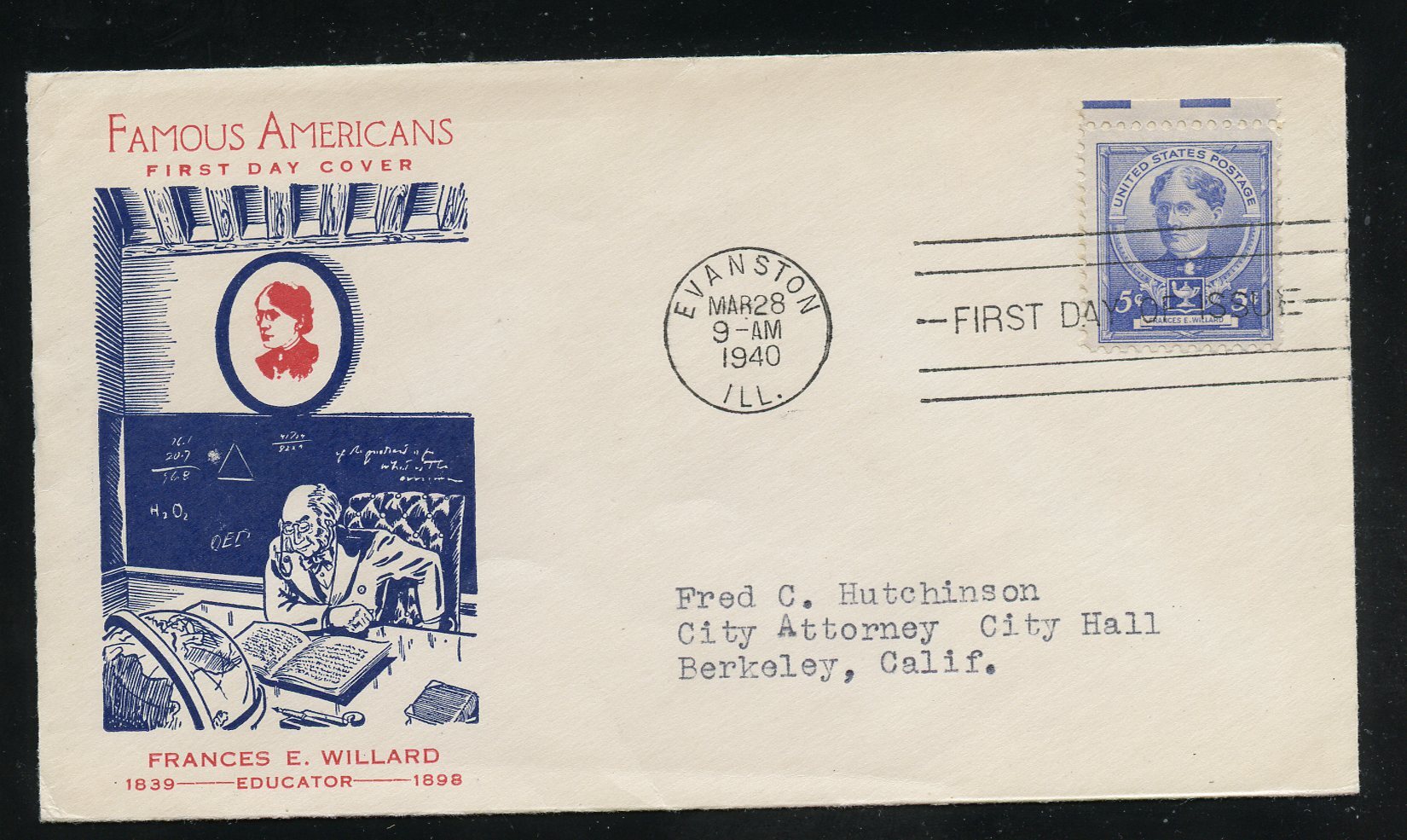 US 872 M=4 Frances Willard Famous American Fidelity cachet FDC ADDR ...