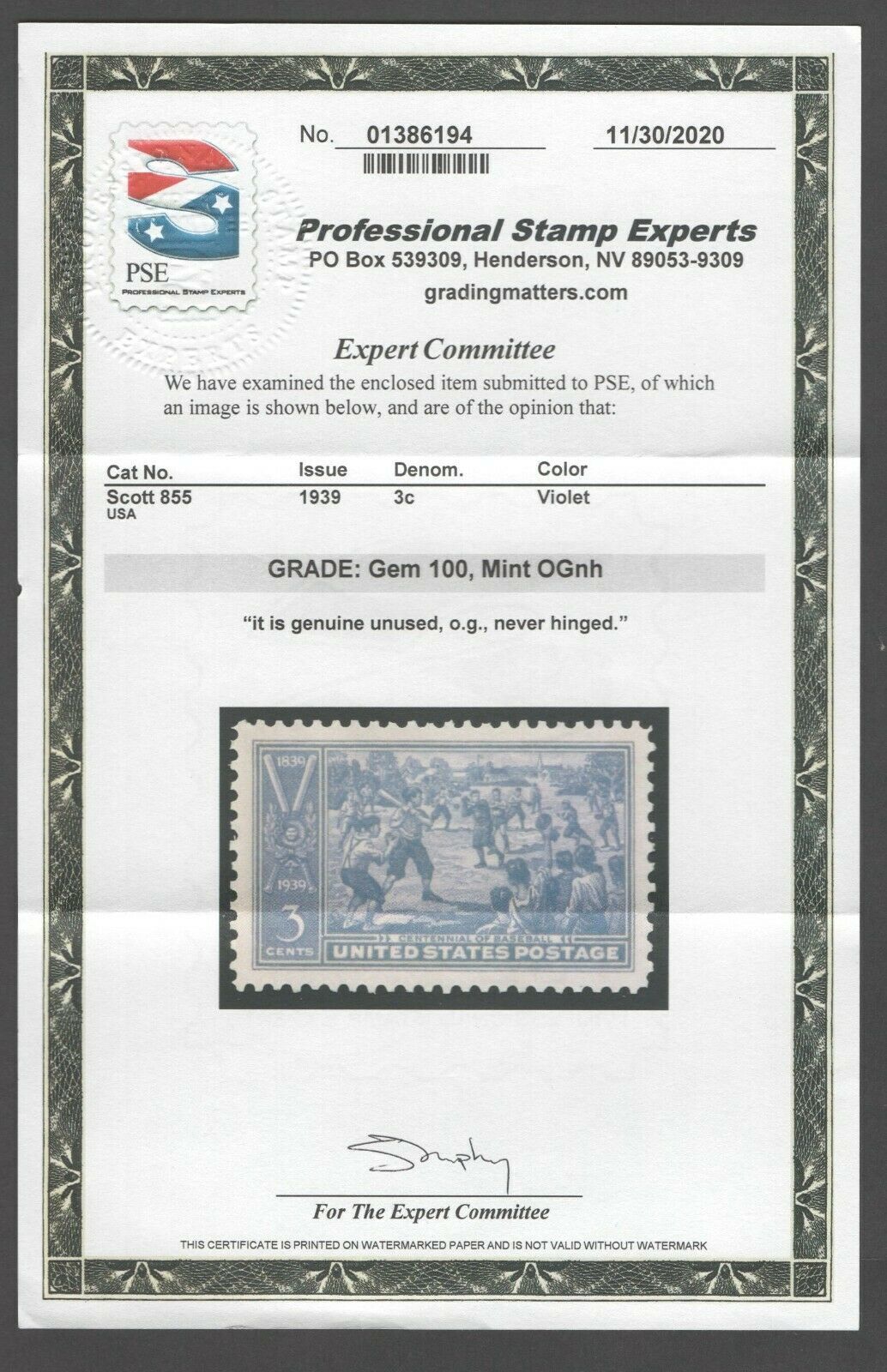 Scott 855 Mint OGnh PSE Cert. Gem 100 SMQ $225 (LB 10/2) | United ...