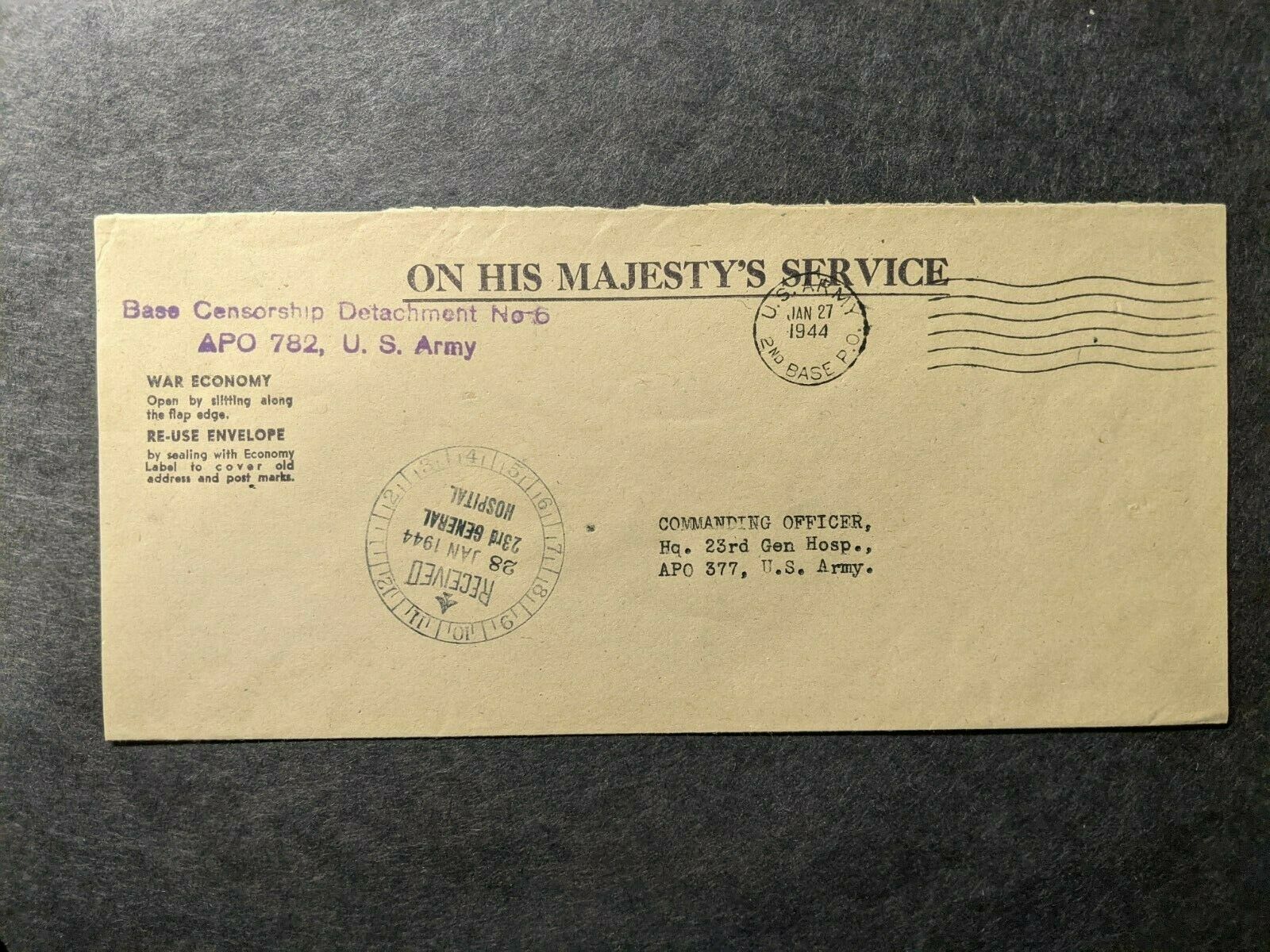 APO 782 NAPLES, ITALY 1944 WWII Army Cover BPO 2 to 23rd Hospital at ...