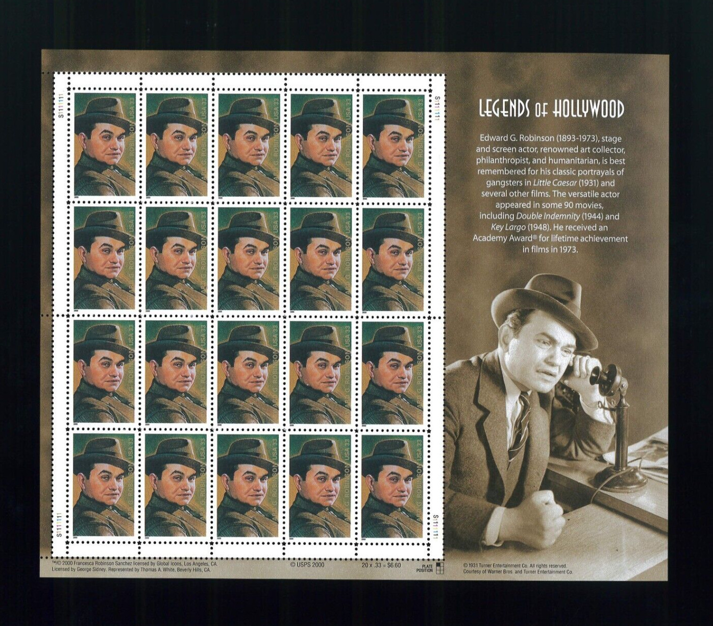 United States 32¢ Actor Edward G. Robinson Postage Stamp #3446 MNH Full ...