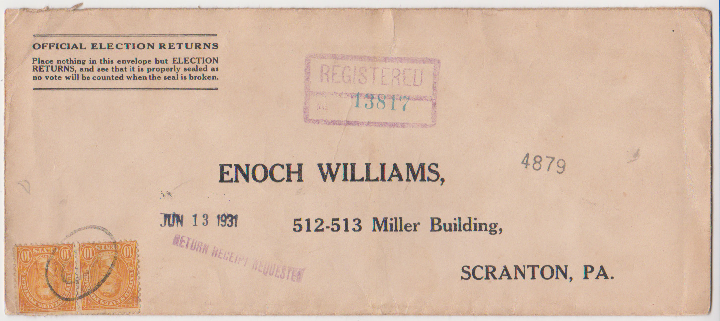 1931 Official Election Returns Registed Cover Pittston Pa.Return ...