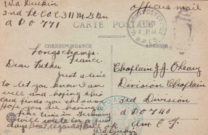 WW1: AEF APO 771, 311th Inf. Machine Gun Batt. to Div. Chaplin, APO 740 ...