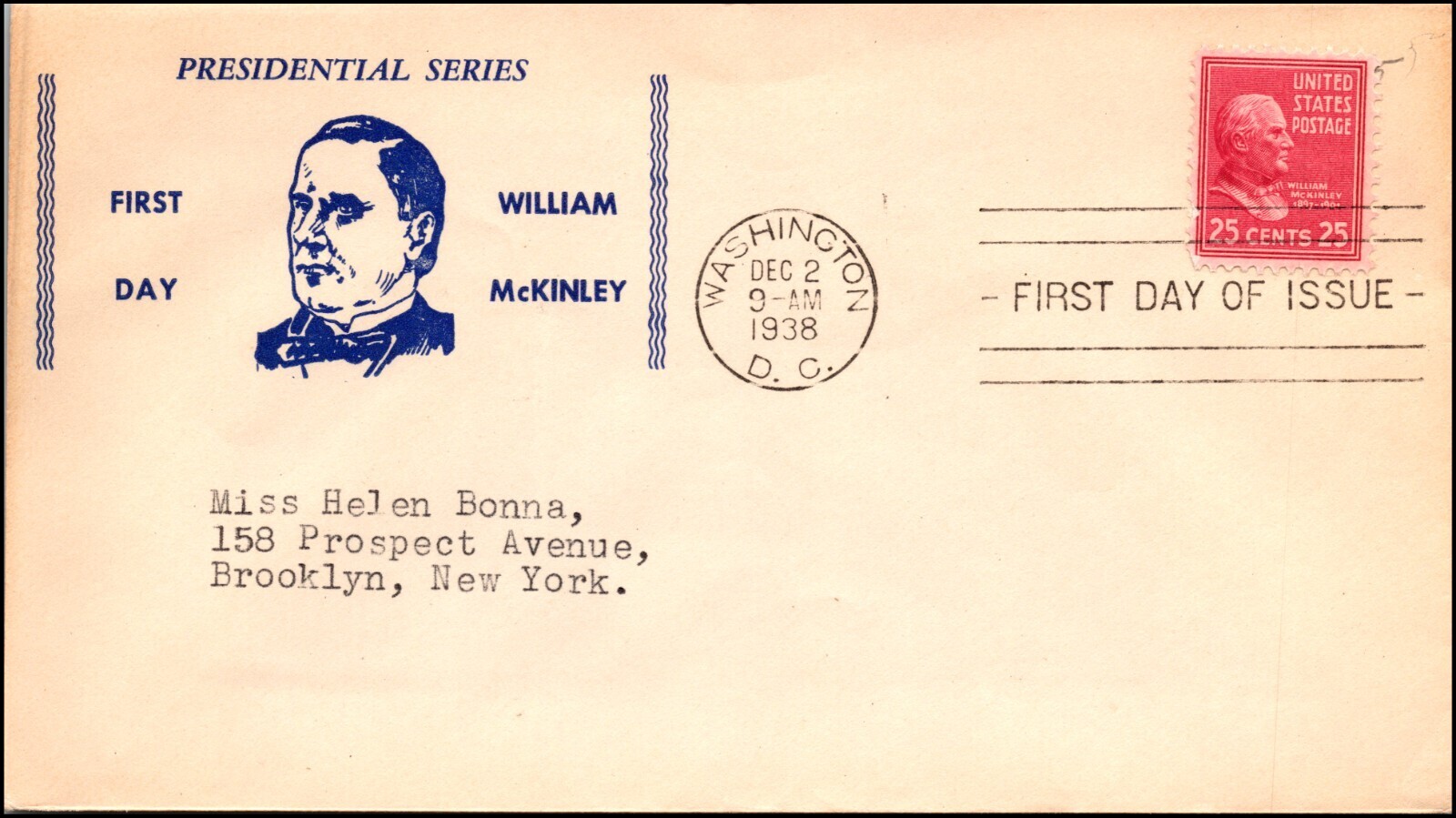 Scott 829 25 Cents McKinley Unknown FDC Typed Address Planty 829-27 ...