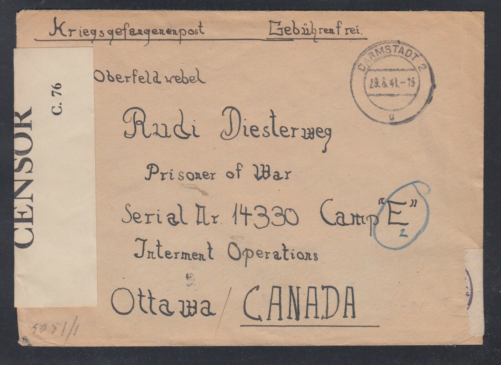 Canada 1941 WWII ESPANOLA CAMP Prisoner of War POW Germany Censored ...