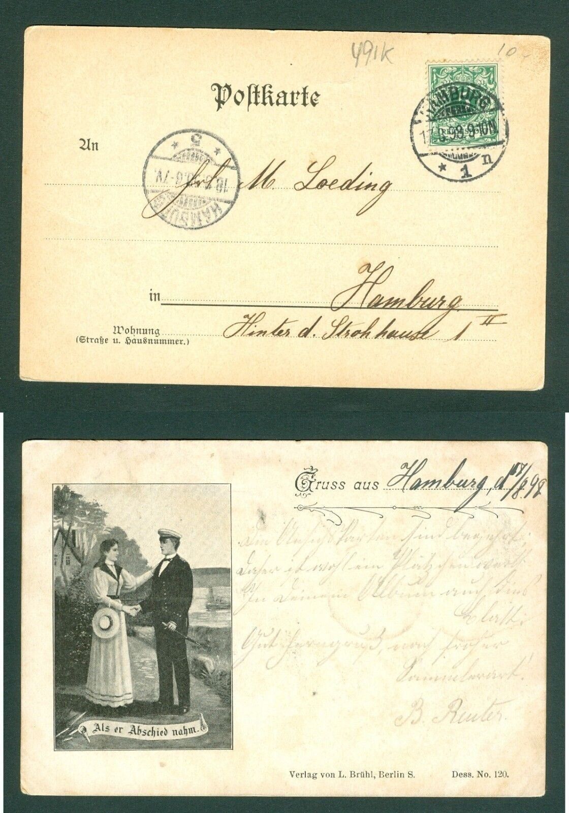 Germany. Postcard 1898. 5 Ph. Navy Officer & Wife. Adr: Hamburg ...