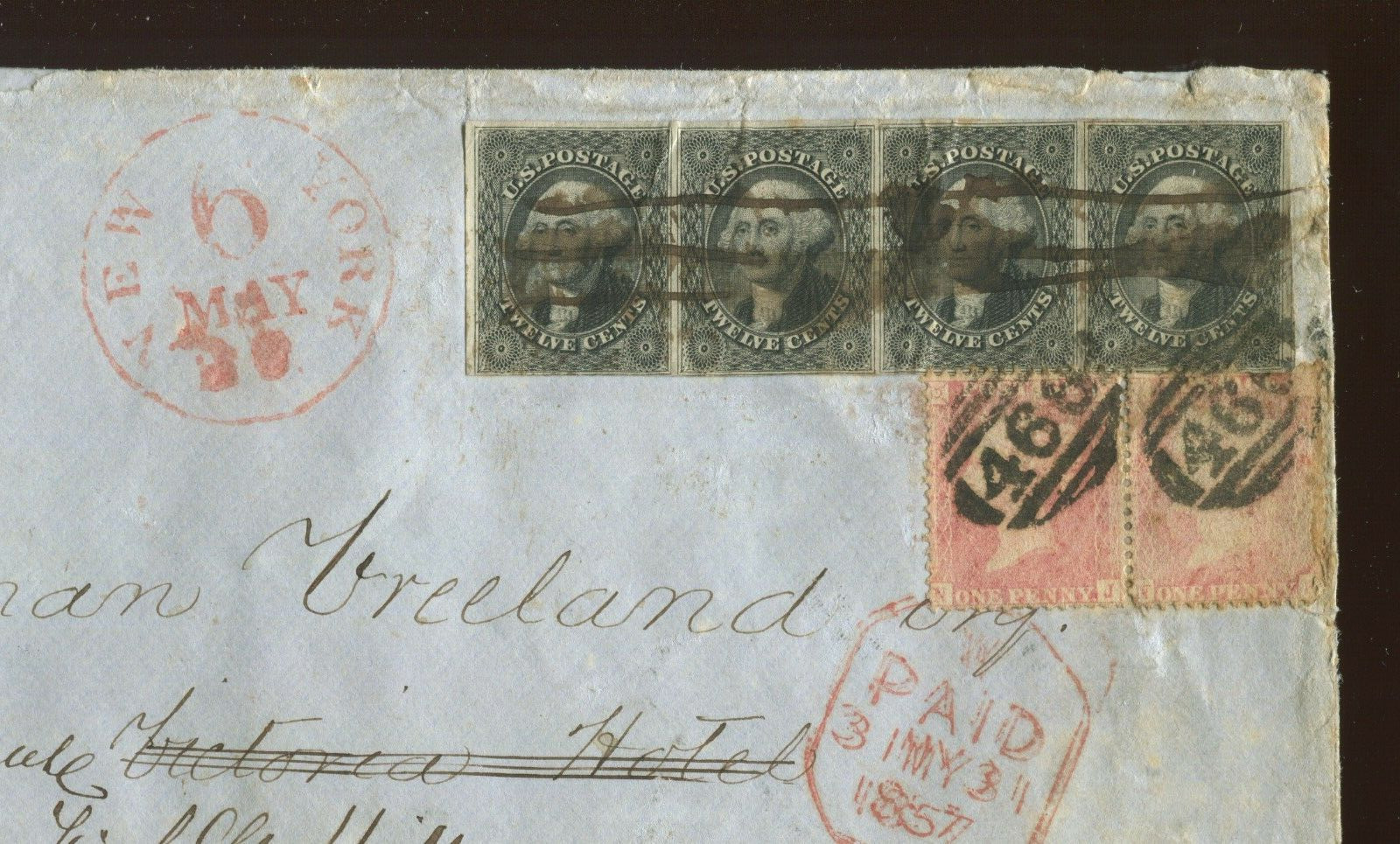 17 Imperf Strip of 4 & England 2d Dual Stamp Usage on 1857 Forwarded ...