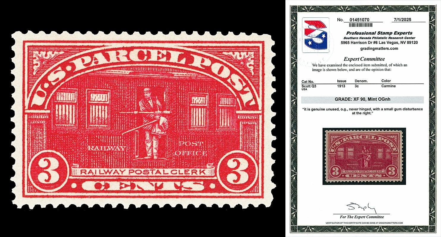 Scott Q3 1913 3c Parcel Post Issue Mint Graded XF 90 NH with PSE CERT ...