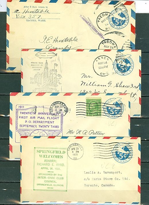 US 1929/31/32 LOT of (4) 5c Airmail Covers...Stationery...Cachets ...
