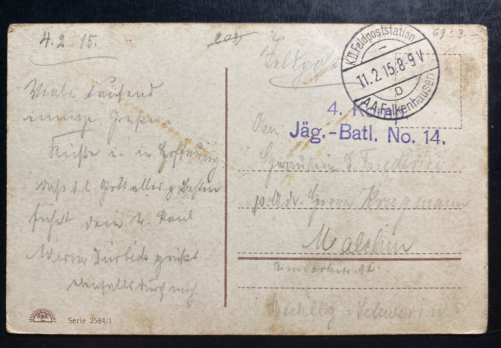 1915 Feldpost Germany WWI Picture Postcard cover The king's grenadiers ...