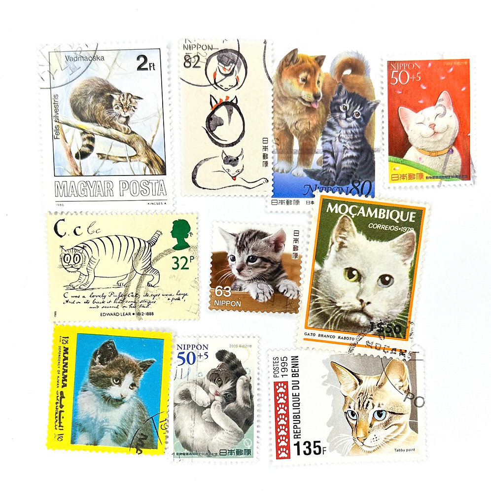 10 x Cat postage stamps - all different, from 6 countries, off paper ...