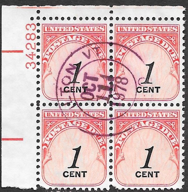 US Scott #J89 1c Postage Due Stamp Plate block of 4 Milton, VT Cancel ...