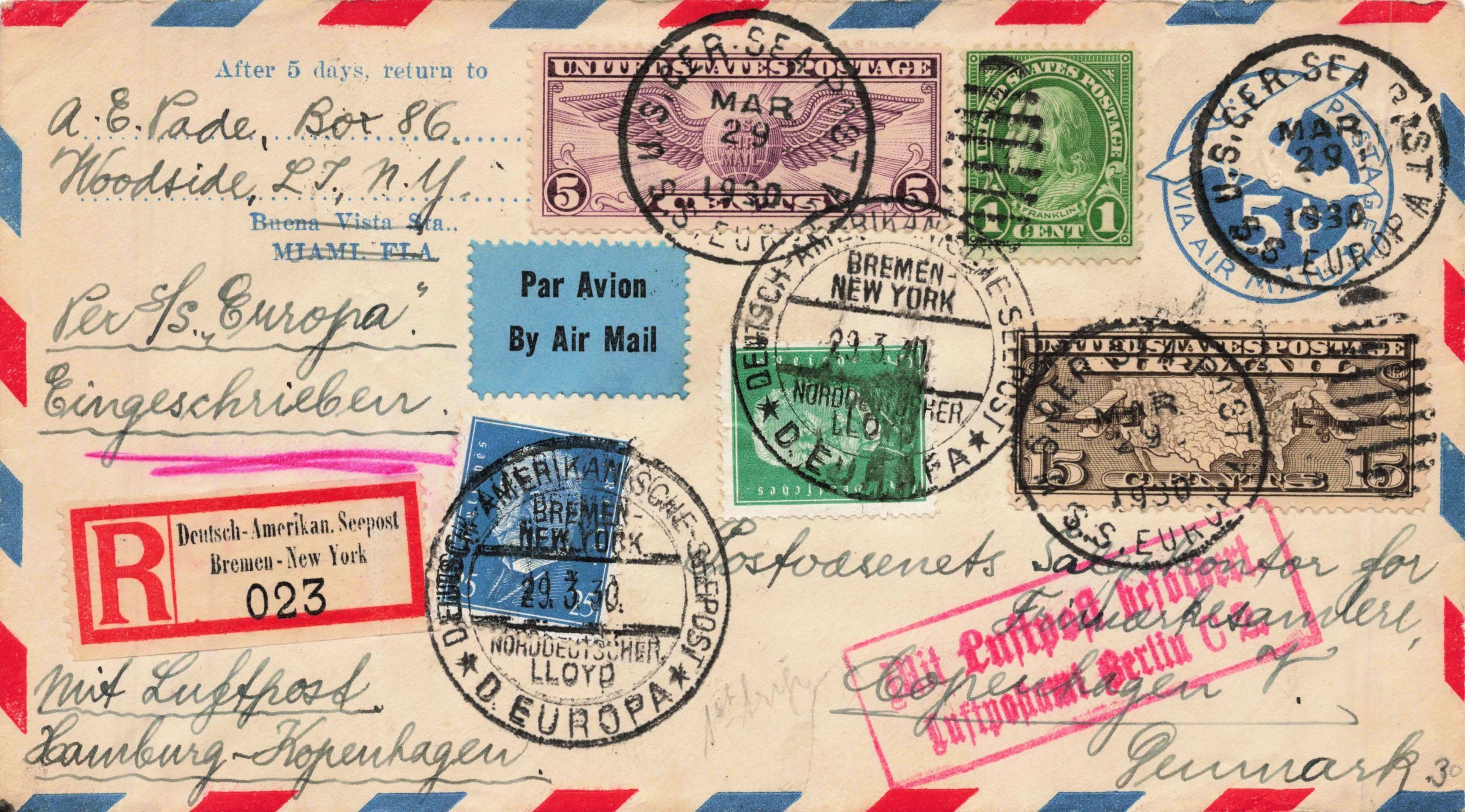 USA to Germany SEA Post 1930 Letter Airmailed to Copenhagen ALL Cancels ...