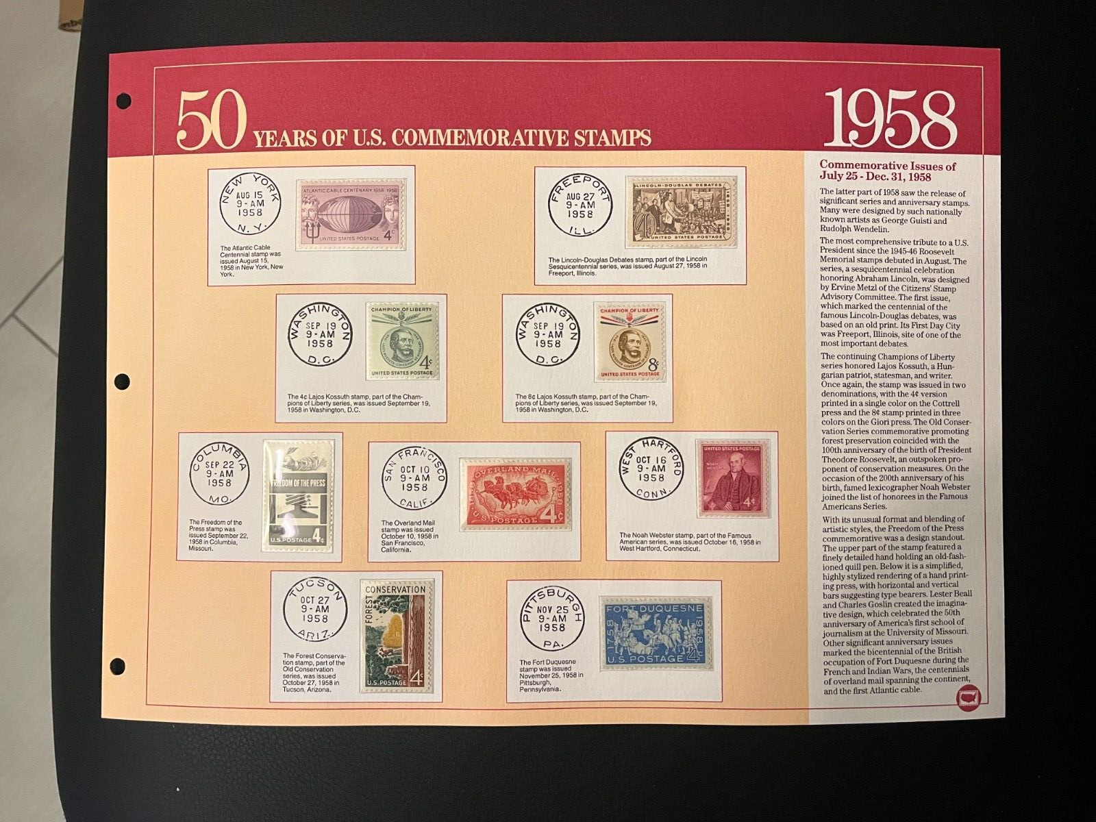 1958 50 YEARS OF U.S. COMMEMORATIVE STAMP Albums Panel of stamps ...