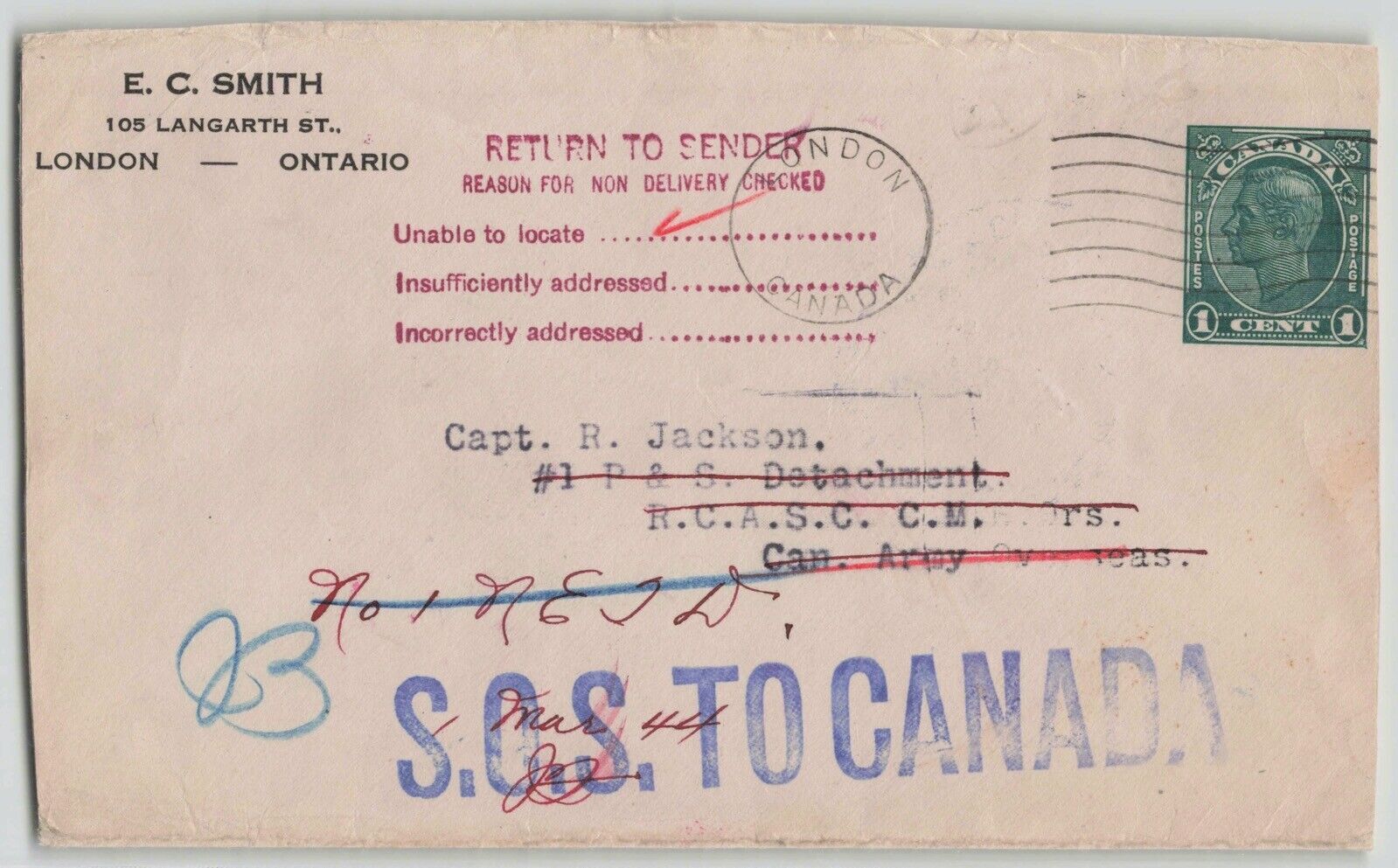 Canada 1944 WWII SOS to CANADA Return to Sender Postal Stationery Cover ...