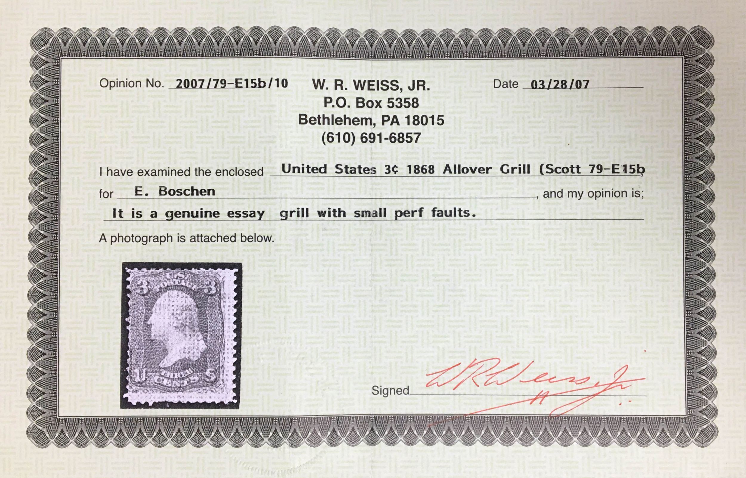 US Stamps # 79-E15B Essay Allover Grill Mint OG H Weiss Cert LOT #7508 ...