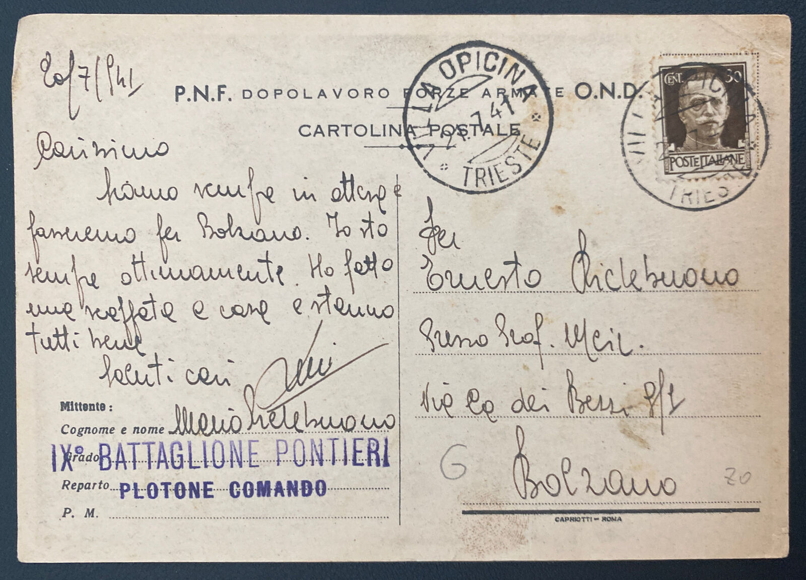 1941 Trieste Italy Picture POSTCARD Cover To Bolzano Anti British Scene ...