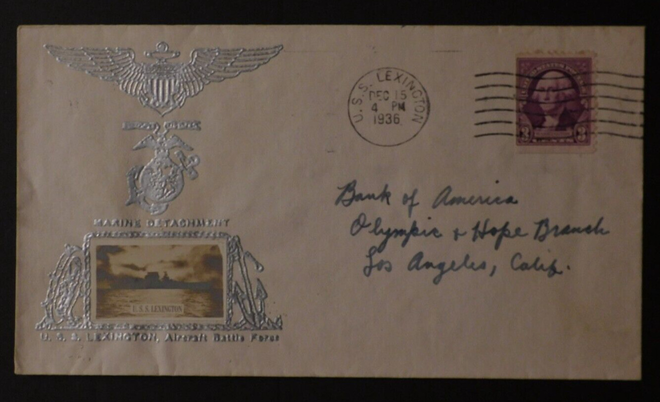 1936 USS Lexington Aircraft Carrier USA Navy Cover to Los Angeles ...