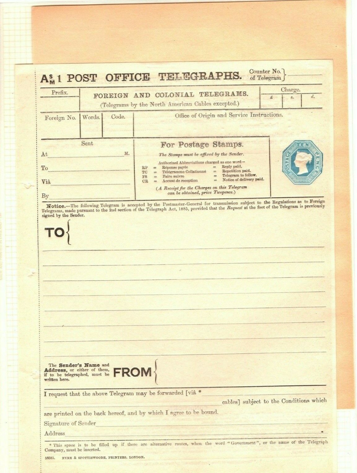 GB QV 10d Blue TELEGRAPH FORM Embossed Unused Stationery {samwells ...