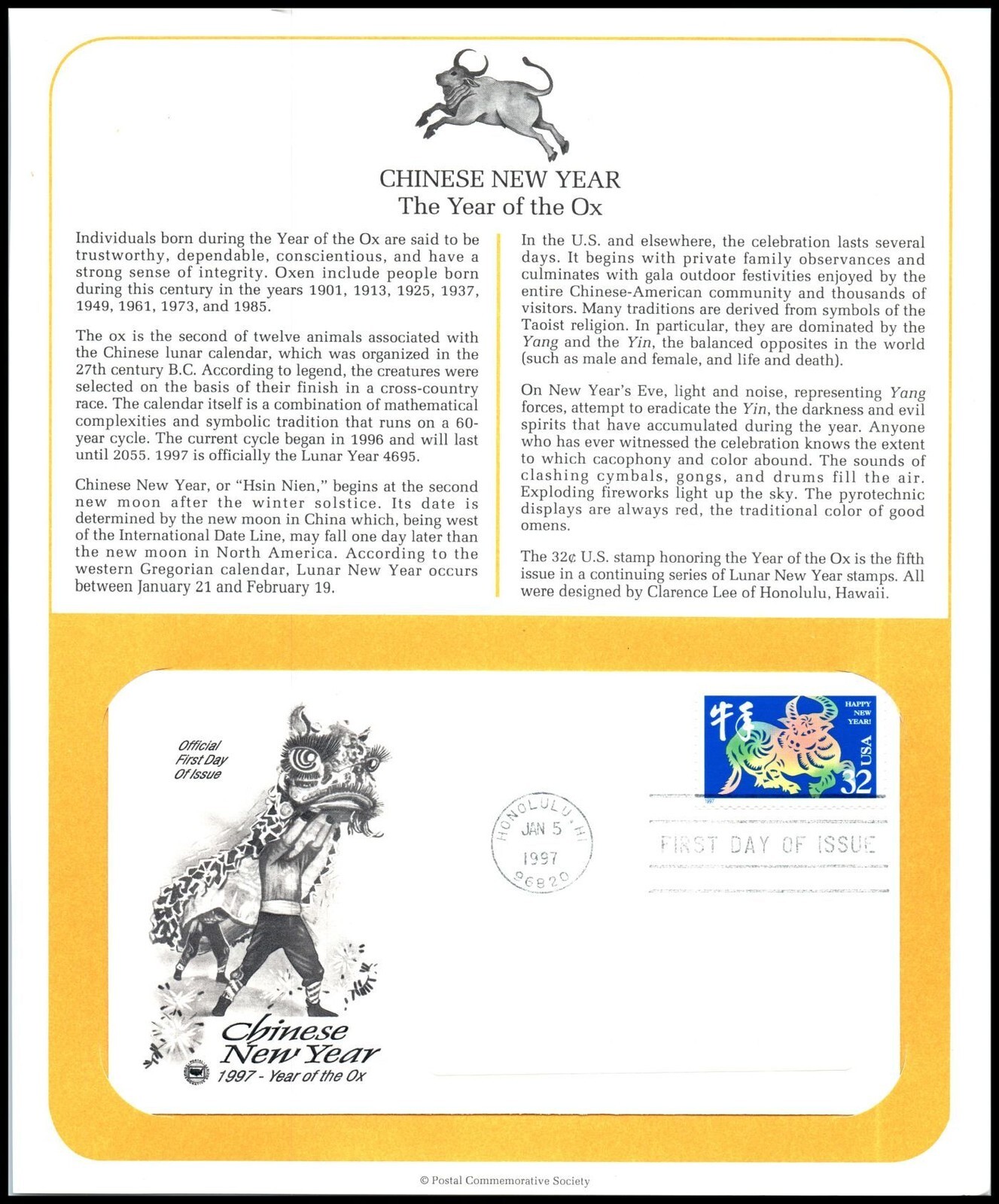 1997 Chinese New Year of the Ox 32c Sc 3120 FDC with PCS info page ...
