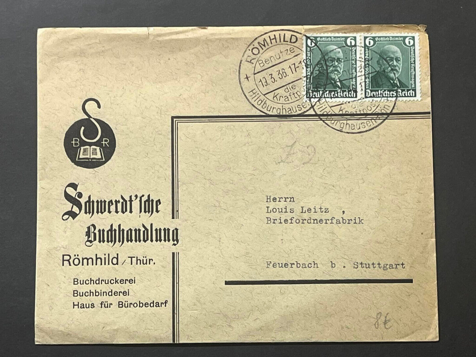WW2 WWII Nazi German Third Reich cover envelope ROMHILD 1936 Daimler ...