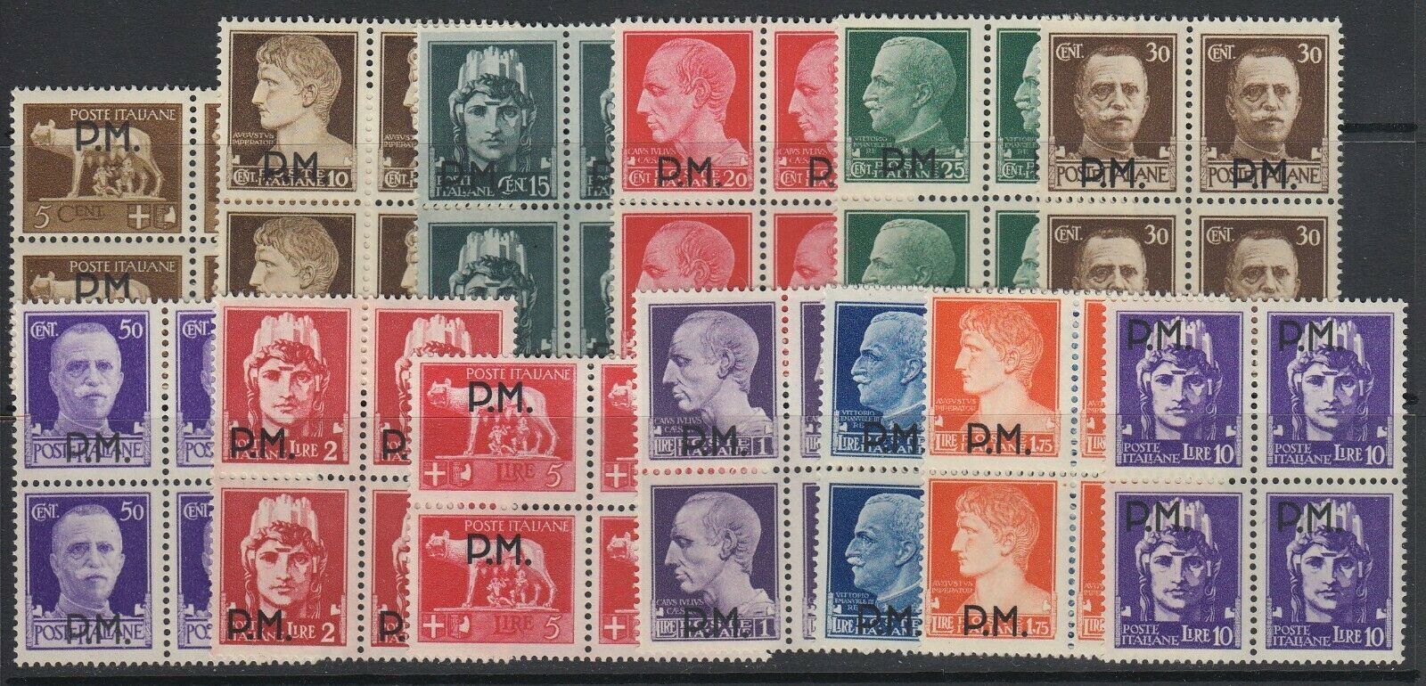 Italy Military "PM" Overprint, Scott M1-M13, MNH blocks of four ...