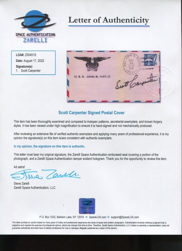 Scott Carpenter Sign Aurora 7 USS John R Pierce Recovery Ship Cover ...