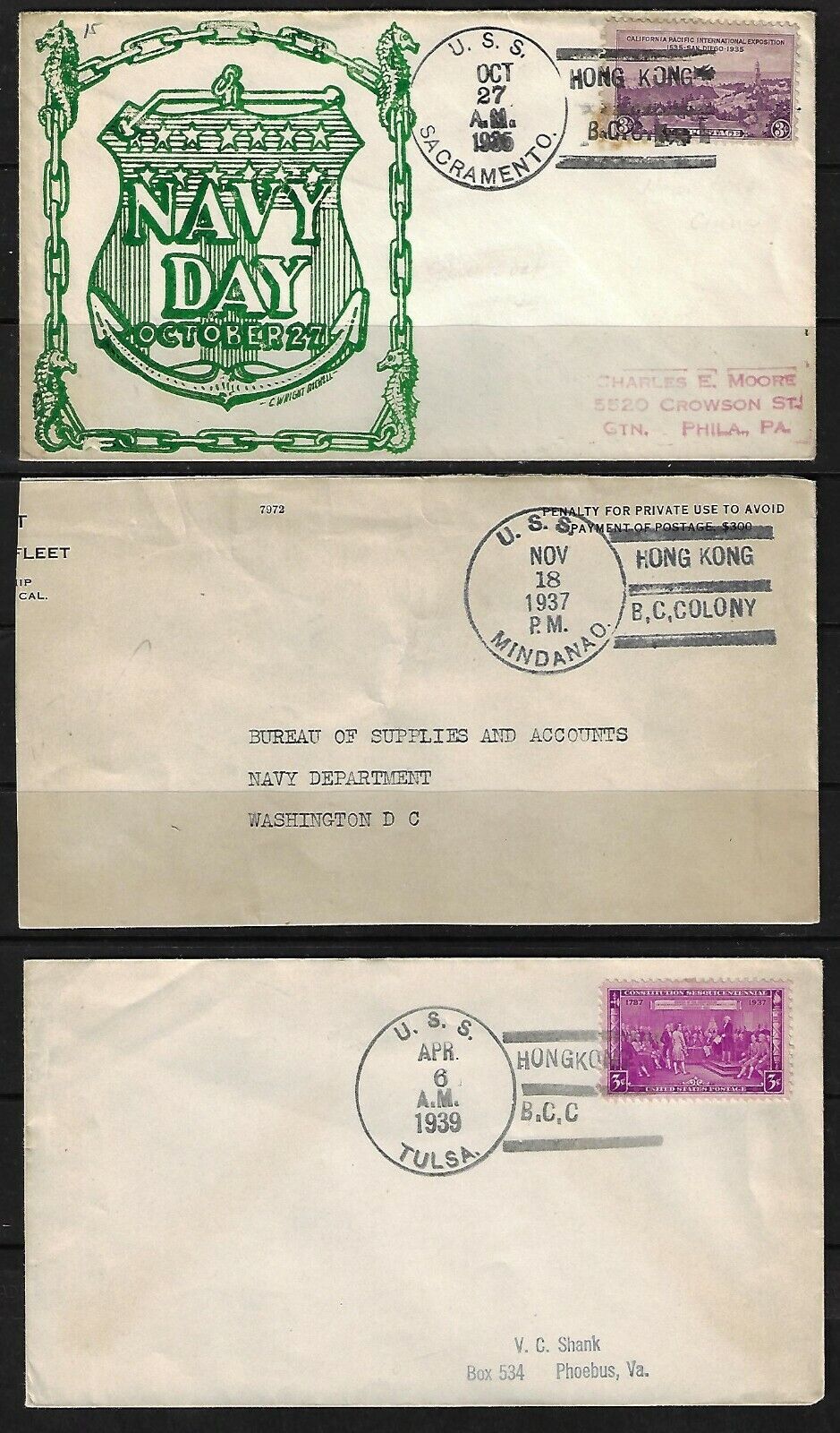 Hong Kong US 1937 Three US Navy Covers at Hong Kong Ports USS Mindanao ...