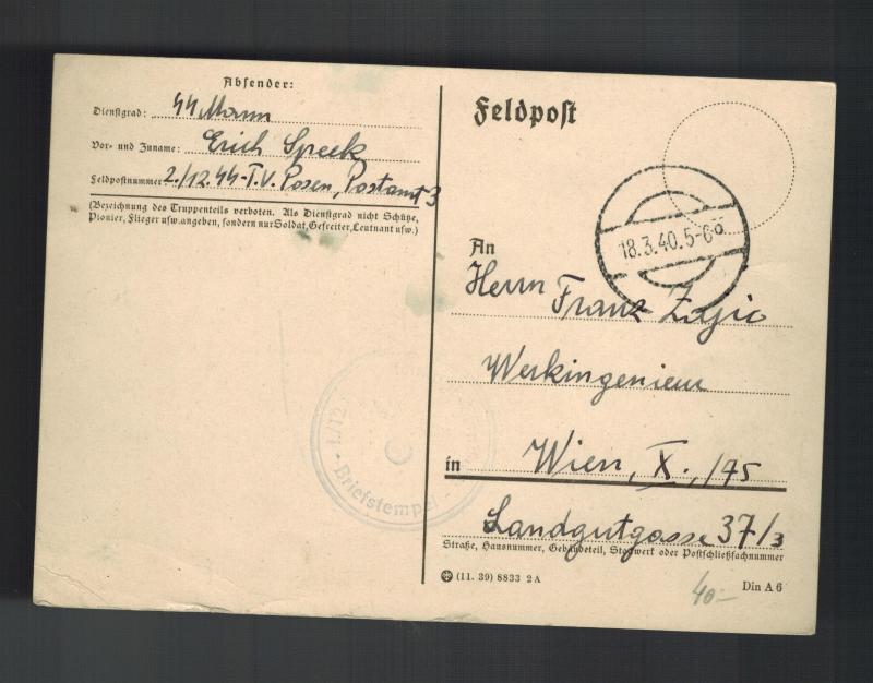 1940 Germany Waffen SS Feldpost Postcard Cover Posen Poland to Vienna ...