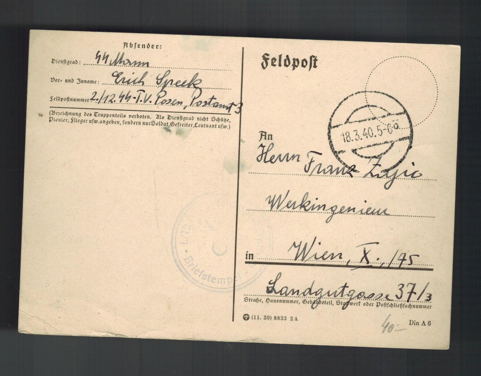 1940 Germany Waffen SS Feldpost Postcard Cover Posen Poland to Vienna ...