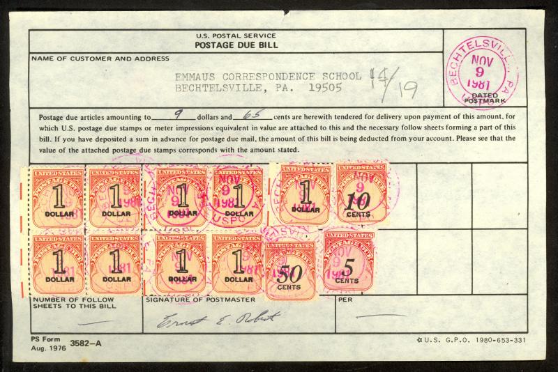 USA 1981 POSTAGE DUE FORM BILL with 12 Postage Dues 9x $1.00, 50c,10c ...