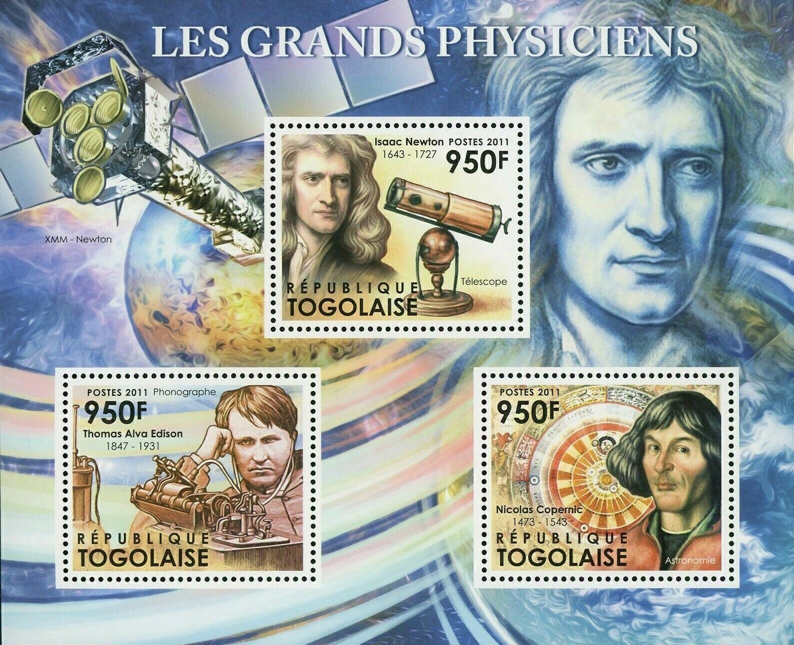 Great Physicists Stamp Thomas Alva Edison Isaac Newton Nicolas Copernic ...