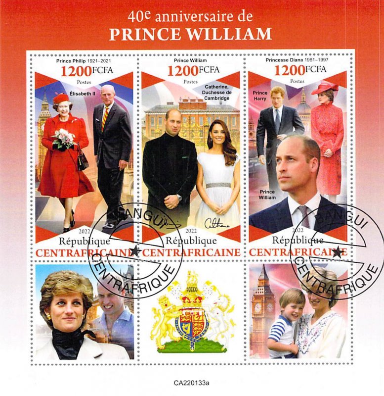 Central Africa 2022 CTO Sheet Prince William and Royal Family 3 Values ...