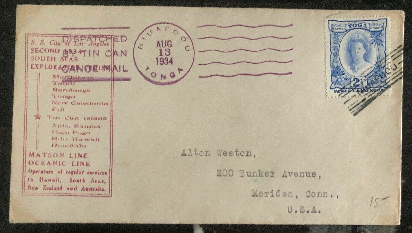 1934 Niuafoou Tonga Toga Islands Tin Can Mail Cover To Meriden CT USA ...