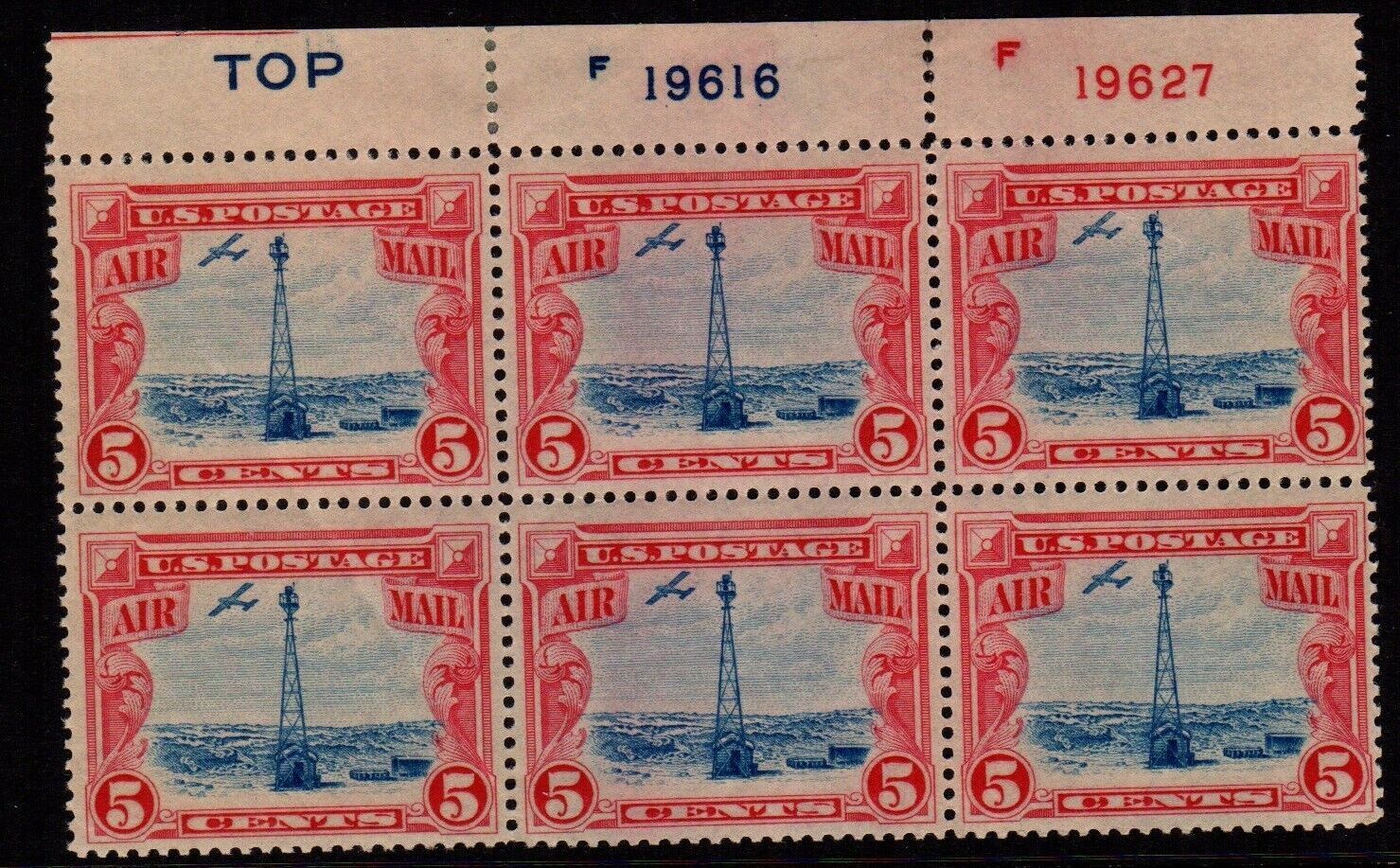 C11 U.S. Airmail Plate Block 6 Mint, o.g. hinged in margin, stamps ...