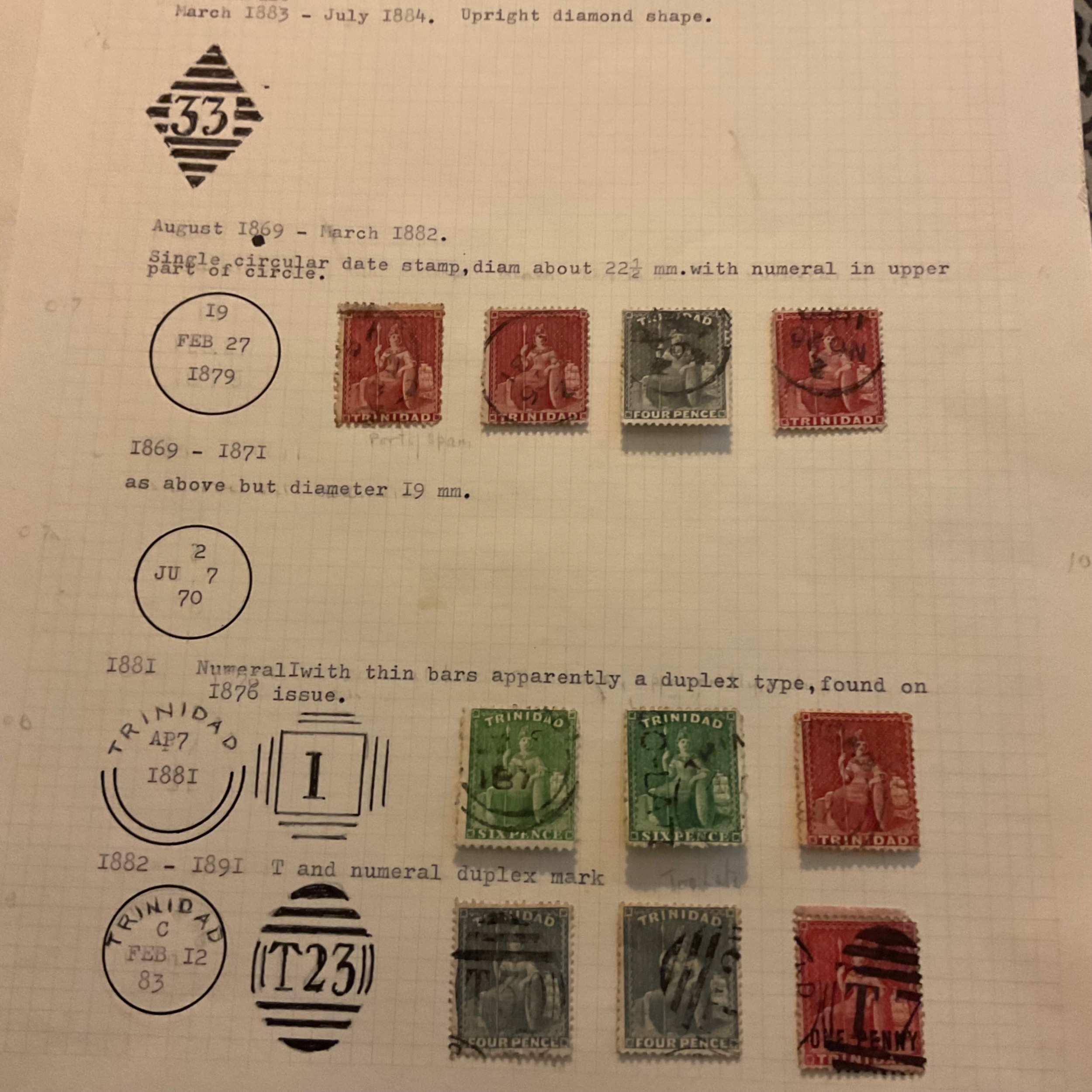 Trinidad group of ten 19th-century stamps arranged by cancellation type ...