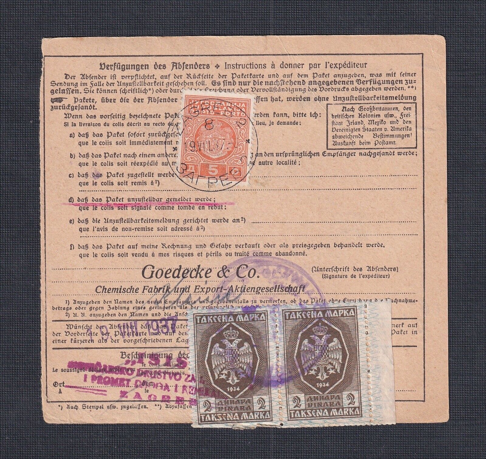 Germany 1937 Parcel Post Receipt Card Teltow to Zagreb Yugoslavia ...