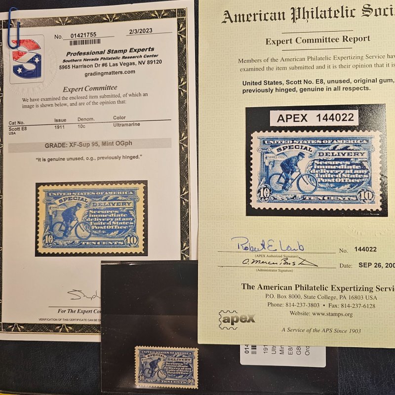 E8 Special Delivery 1911 issue stamp. 2 certs 95 Grade | United States ...