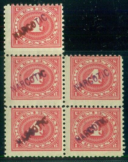 US #RJA12, 4¢ Narcotic Revenue, Block of 5, 2NH/3LH, Scott for hinged ...