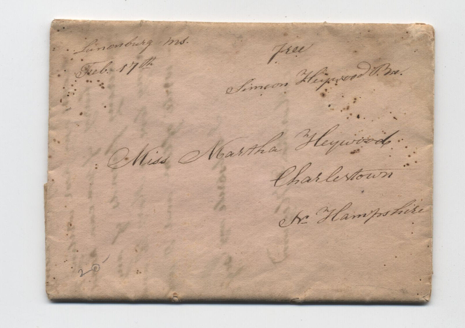 1838 Lunenburg MA manuscript stampless folded letter PM free frank ...