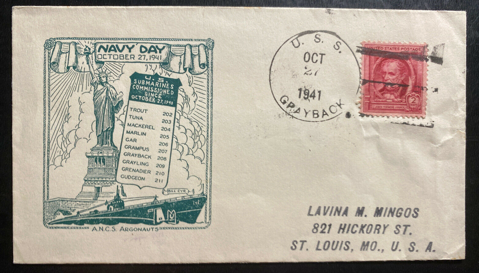 1941 US NAVY Post Office USS Grayback SUBMARINE On Navy Day Cancel ...