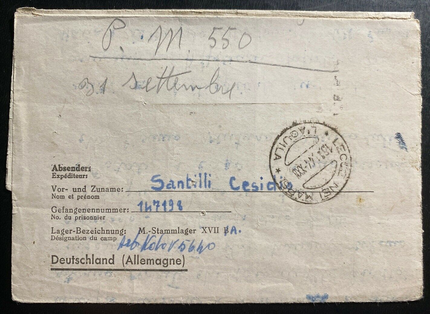 1943 Germany Stalag 17A POW Prisoner of War Letter Cover To Aquila ...