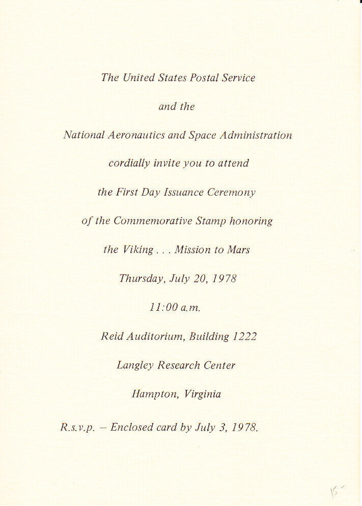 USPS 1st Day Ceremony Invitation #1759 Viking Mission to Mars NASA No ...