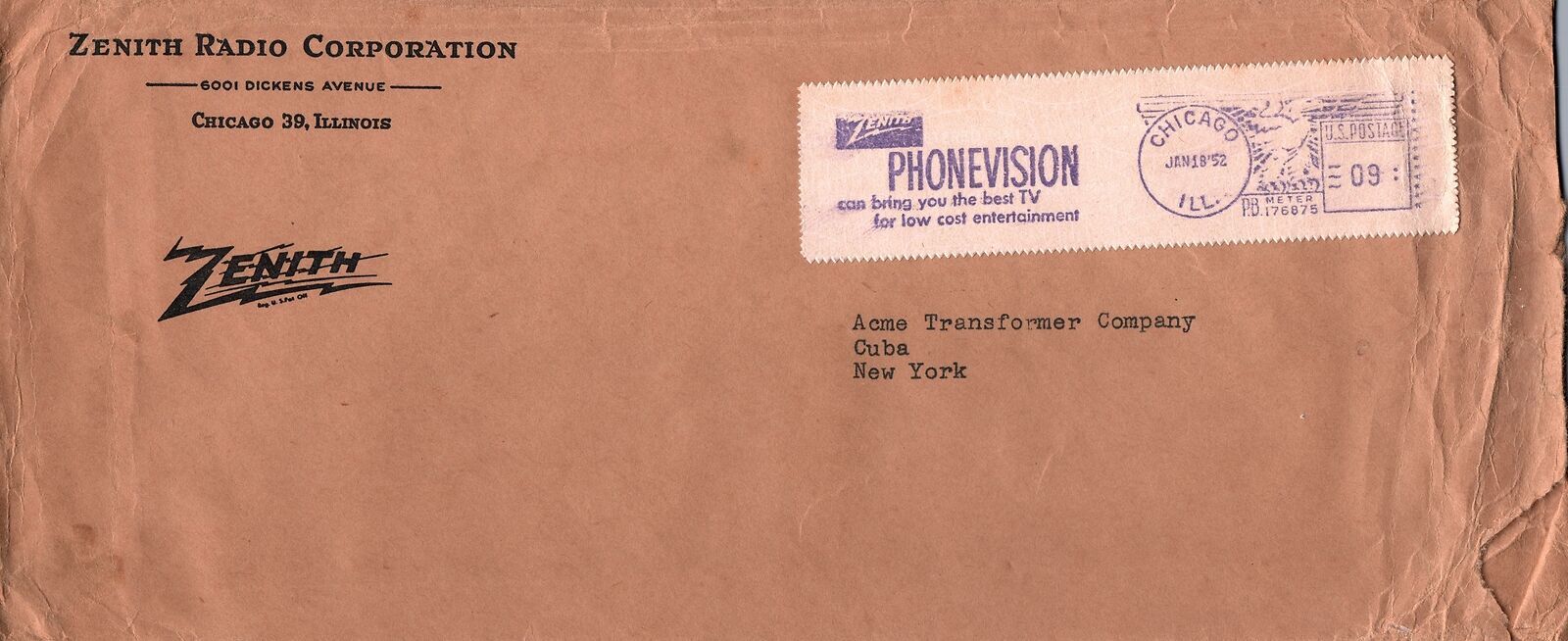 1952 Zenith Radio Corporation Corner Card & Logo Corporate Machine ...