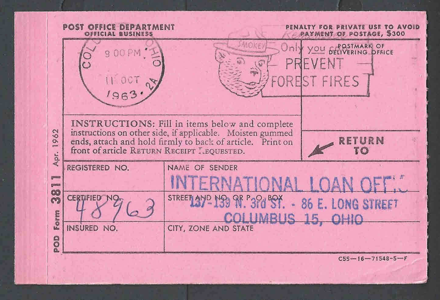 1963 U S Post Office Dept Official Business Card Form #3811 Receipt ...
