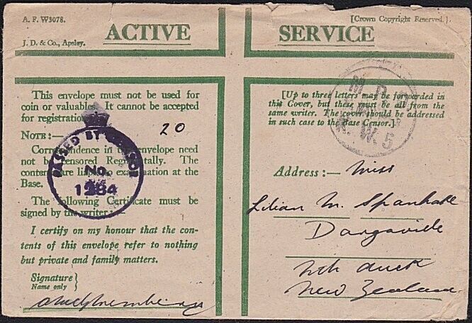 NEW ZEALAND FORCES IN TUNISIA 1943 censor honour envelope to NZ ...