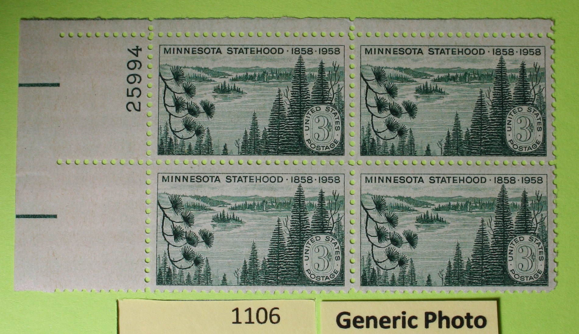1106 US mint NH Plate Block - Minnesota Statehood (year 1958) Generic ...