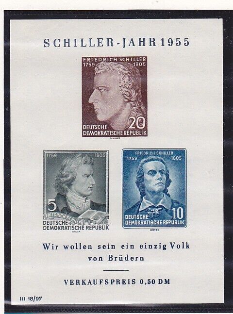 Germany DDR 243a MNH 1955 Friedrich von Schiller Portraits I Souvenir ...